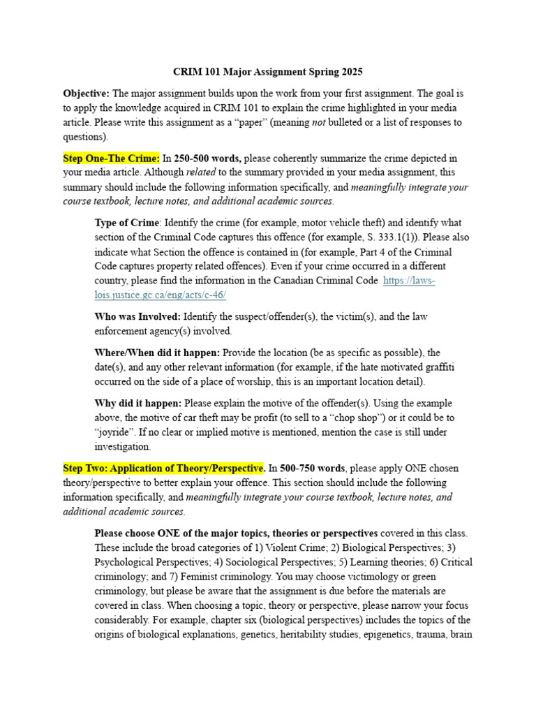 CRIM 101 Major Assignment Spring 2025 | PDF | Crimes | Crime & Violence