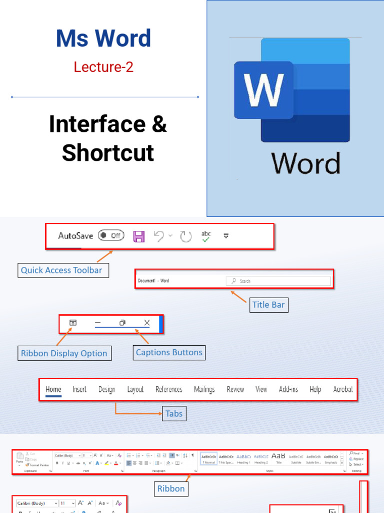 MS Word Interface & Shortcuts Guide | PDF