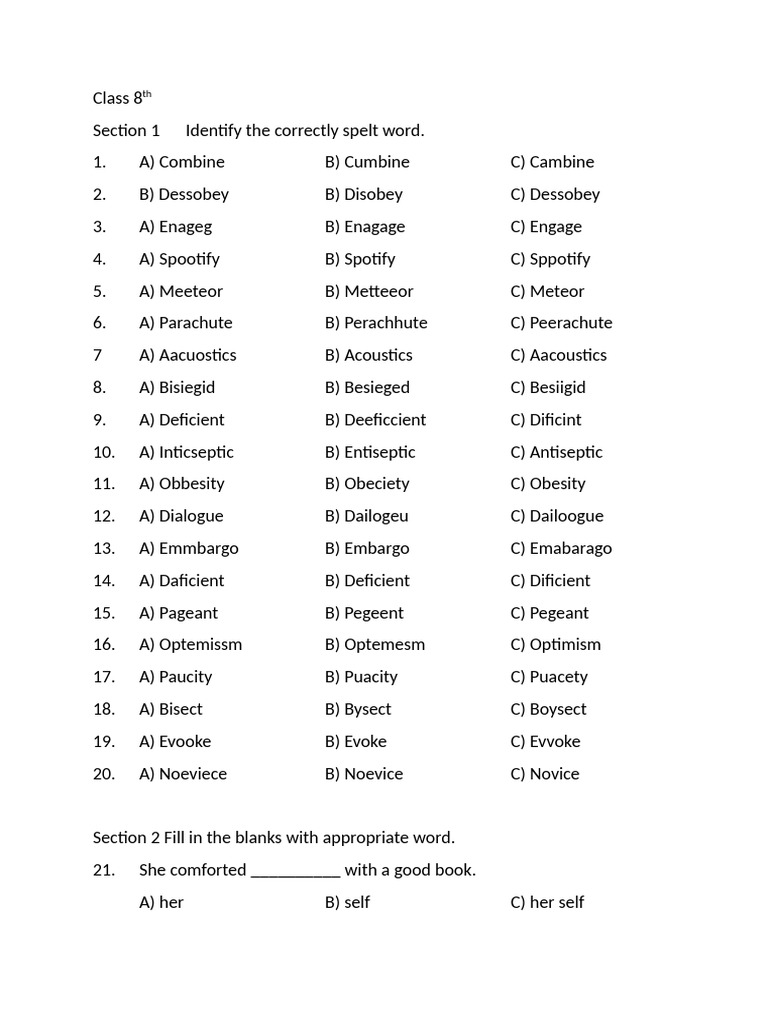8th Grade Spelling and Grammar Quiz | PDF