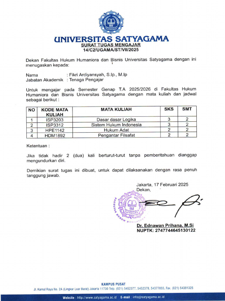Surat Tugas Mengajar 2024 2025 Genap Fikri New | PDF
