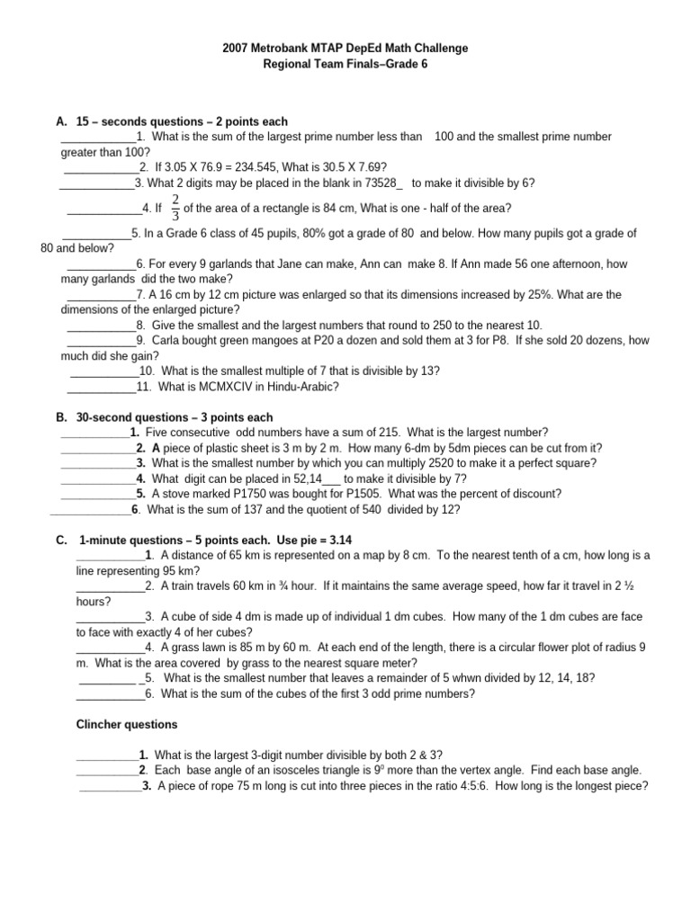2007 Metrobank Math Challenge Grade 6 | PDF | Angle | Elementary ...