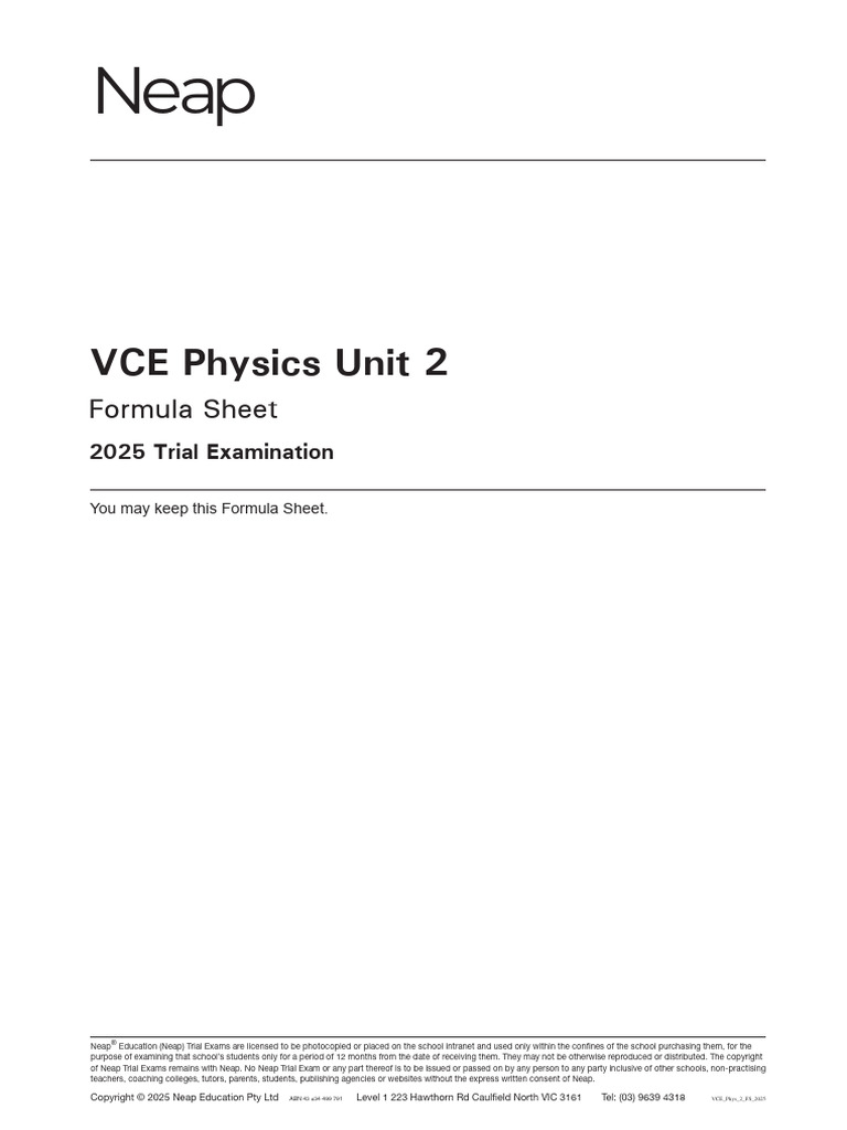 VCE Physics Unit 2 Formula Sheet 2025 | PDF | Chemical Elements ...