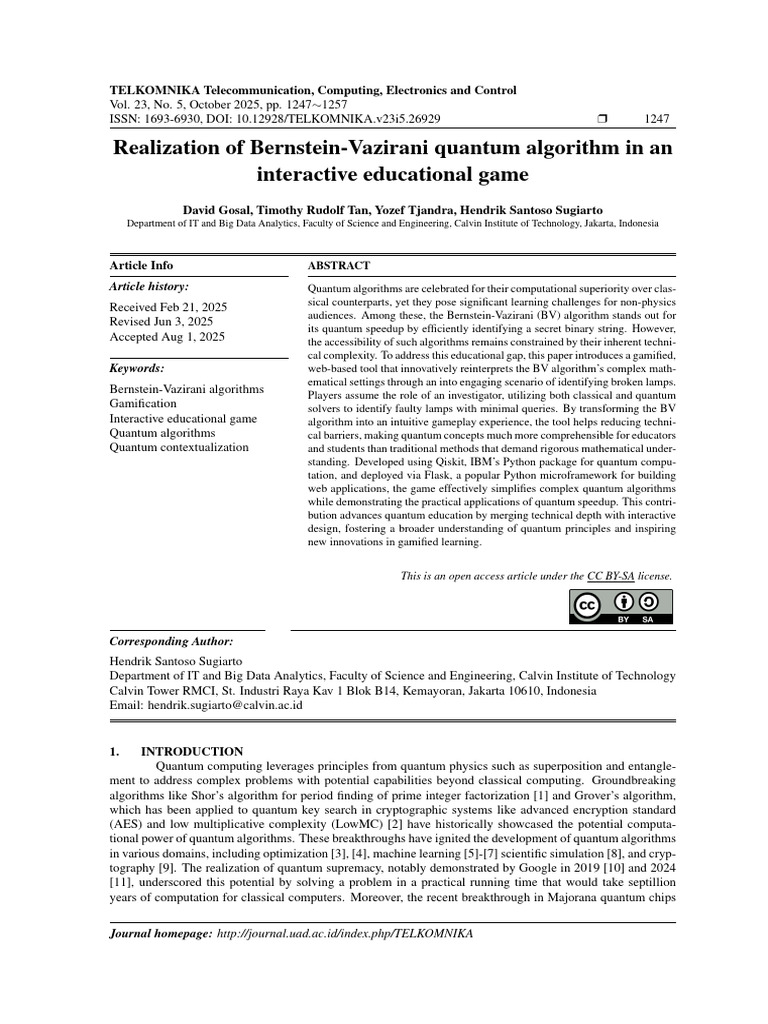 Realization of Bernstein-Vazirani Quantum Algorithm in An Interactive Educational Game | PDF ...