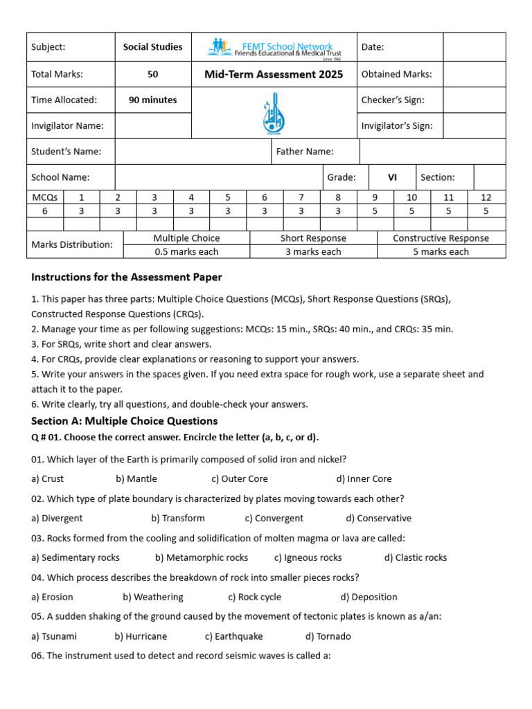 Social Studies Mid-Term Assessment VI | PDF | Rock (Geology) | Volcano