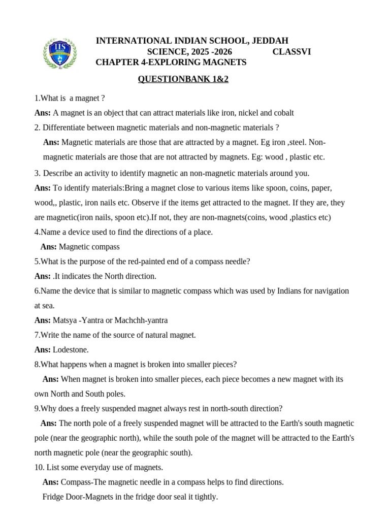 Ch-4 Exploring Magnets Question Bank | PDF | Magnet | Compass