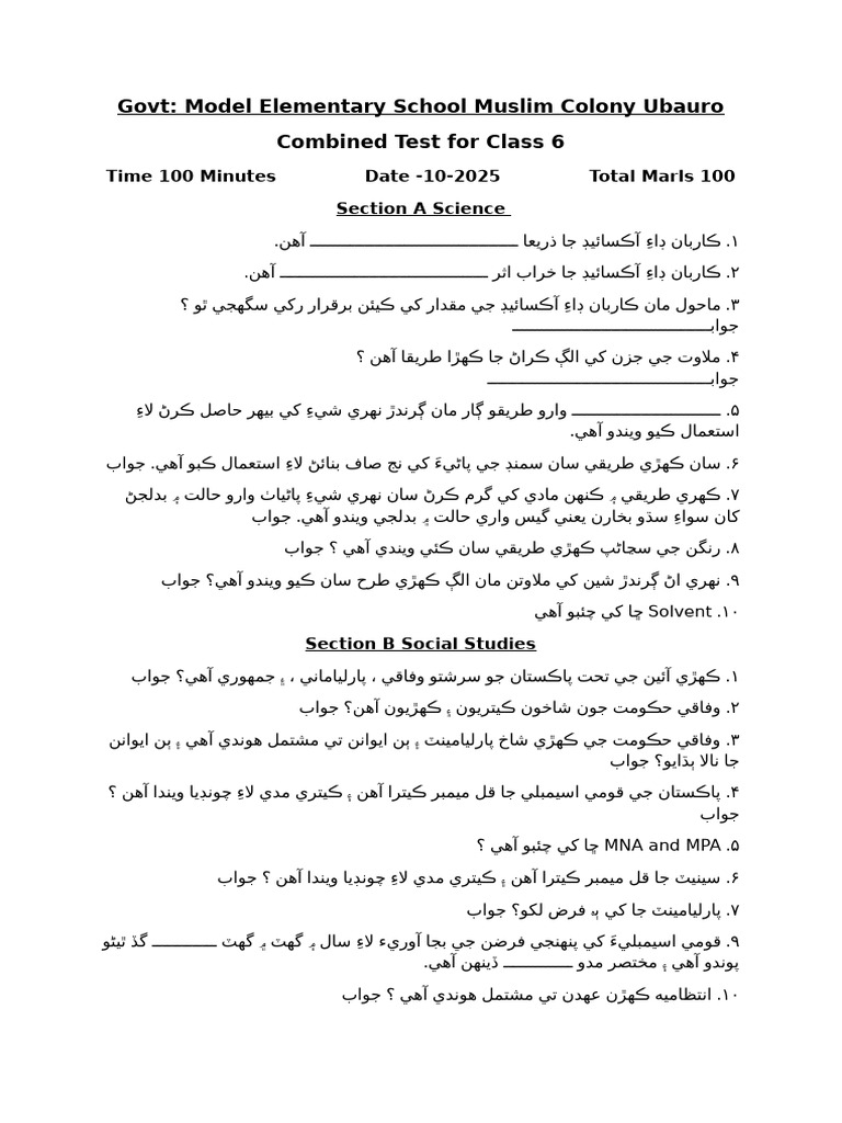 Combined Test For Class 6 | PDF