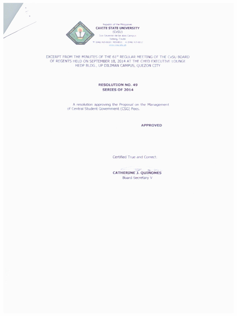 BOR Resolution No. 49 Series 2014 Management of Central Student Government CSG Fee | PDF