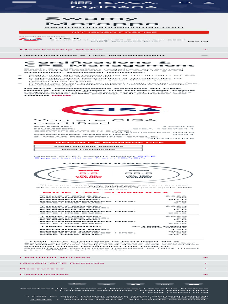CISA Certification and CPE Progress Overview | PDF