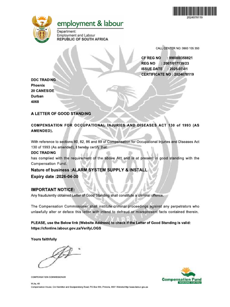 DDC Trading Letter of Good Standing - 01-07-25 | PDF