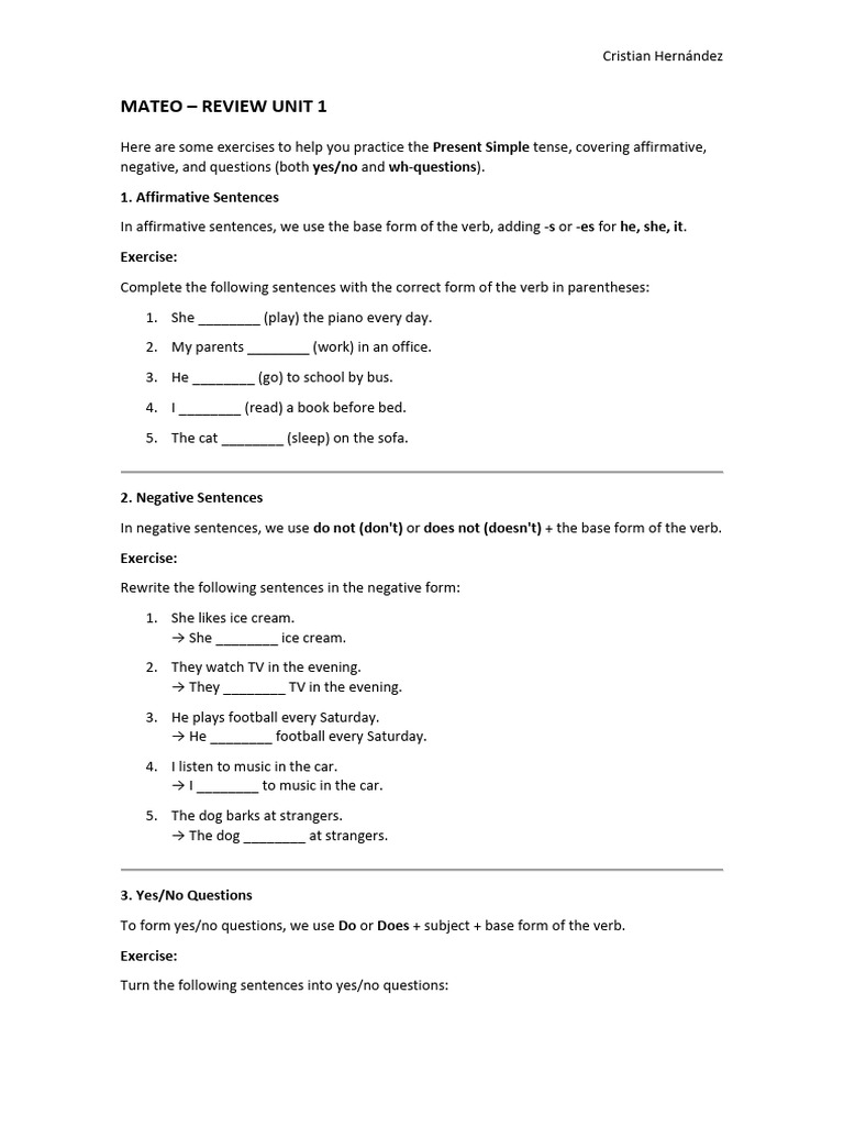 Present Simple Tense Practice Exercises | PDF | Question | Semantic Units
