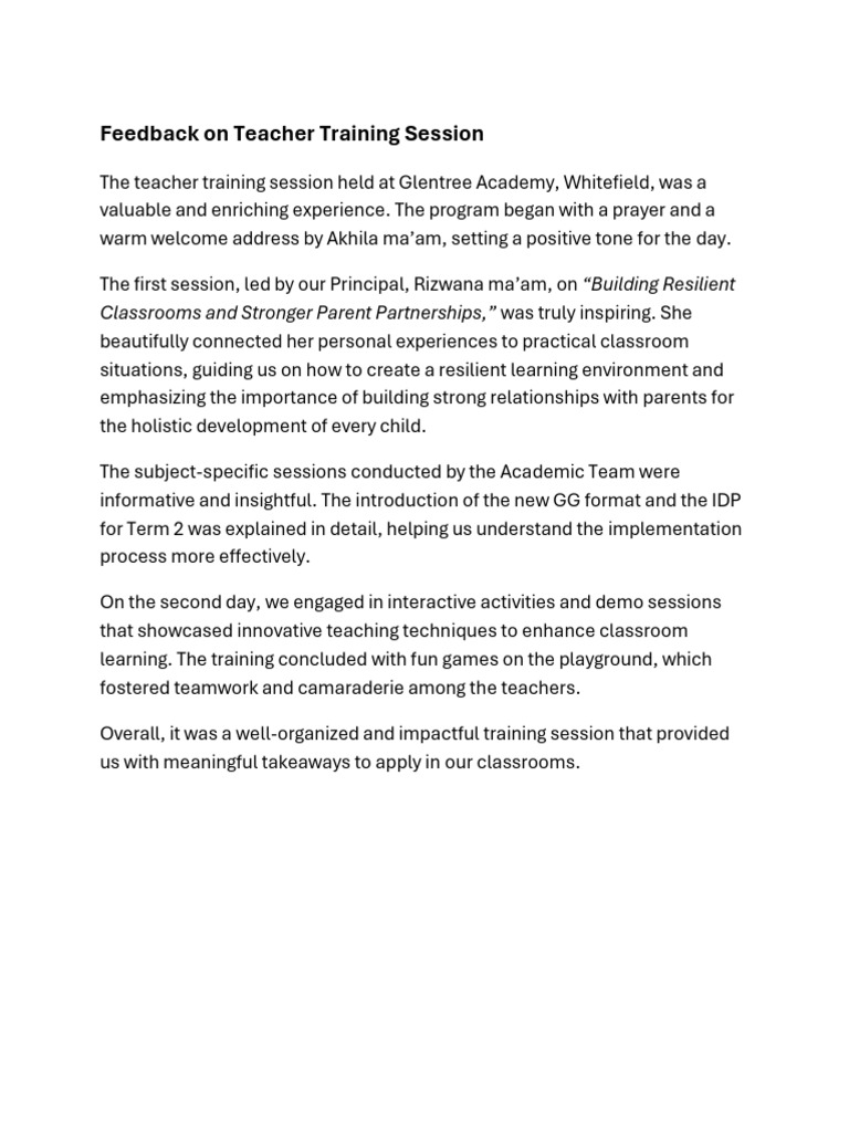 Teacher Training Feedback | PDF