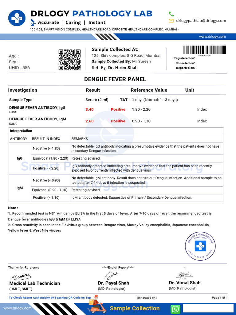 Positive Dengue Fever Test Report Format Example Sample Template Drlogy ...