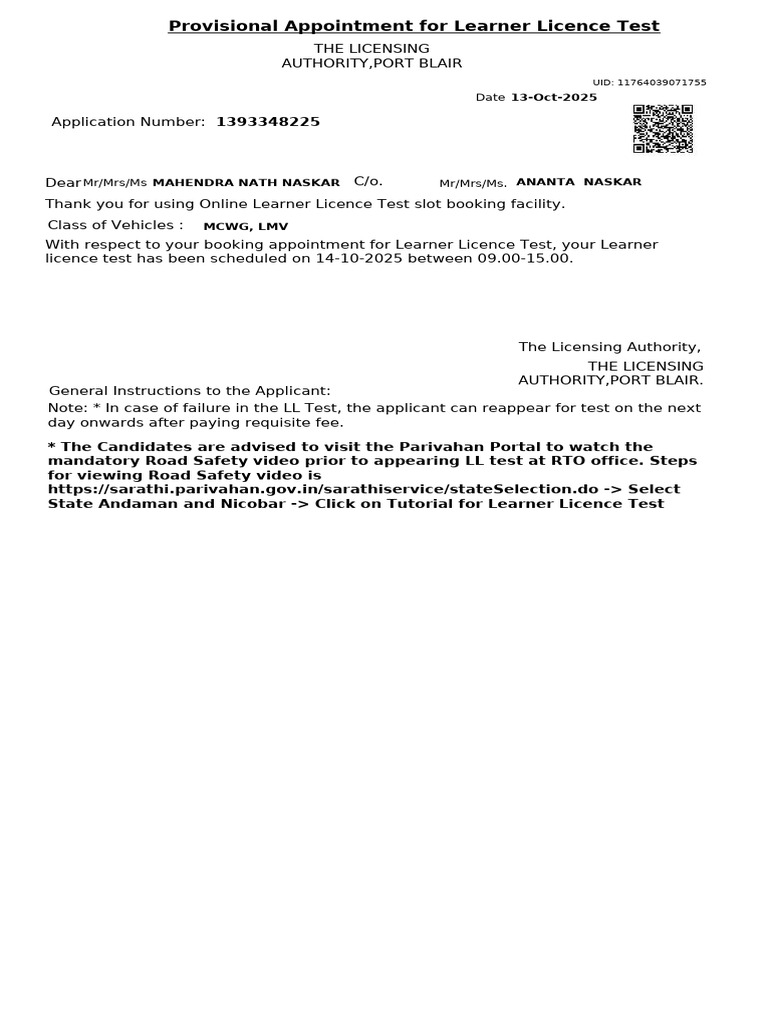 Provisional Appointment For Learner Licence Test | PDF