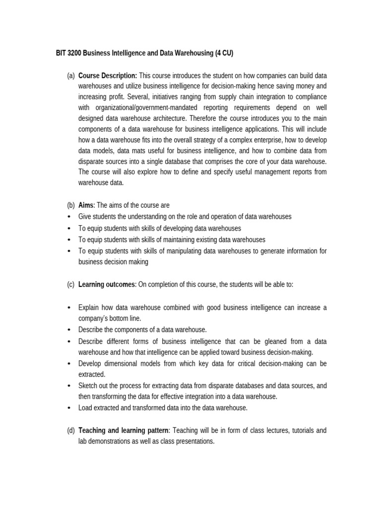 BIT 3200 Business Intelligence and Data Warehousing | PDF | Data Warehouse | Business Intelligence