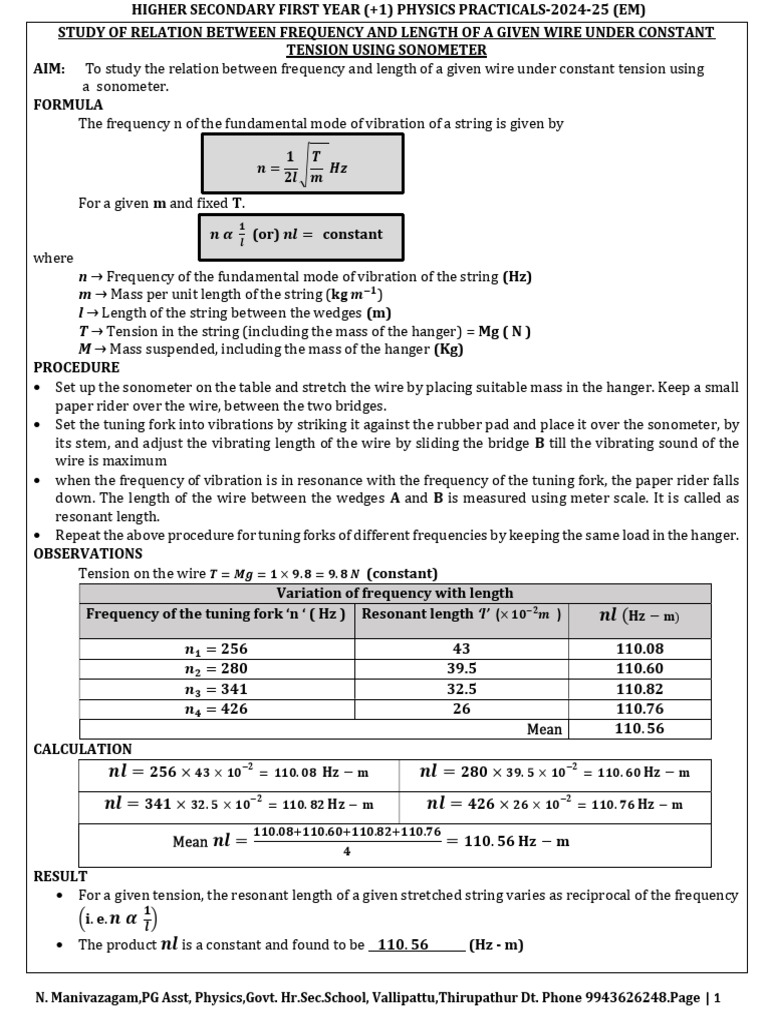 Higher Secondary First Year (+1) Physics Practicals-2024-25 (Em) | PDF ...