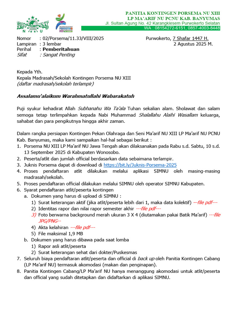 Pemberitahuan Porsema NU XIII (Sangat Penting) | PDF