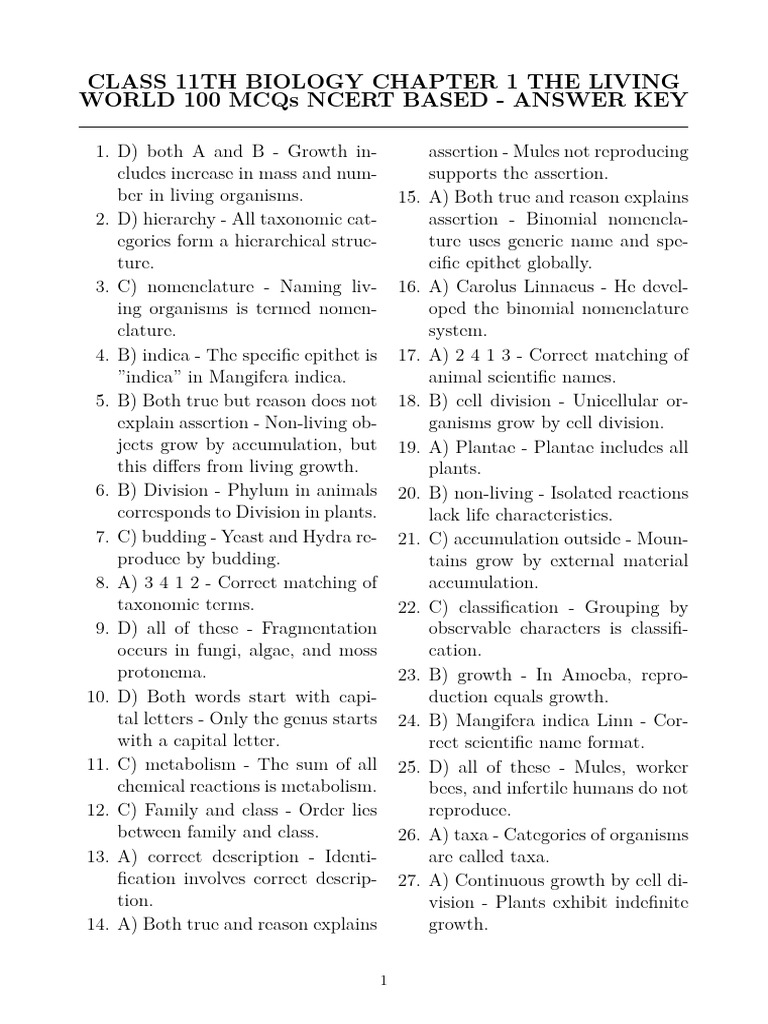 Class 11 Chapter 1 Answer Key | PDF | Taxonomy (Biology) | Species