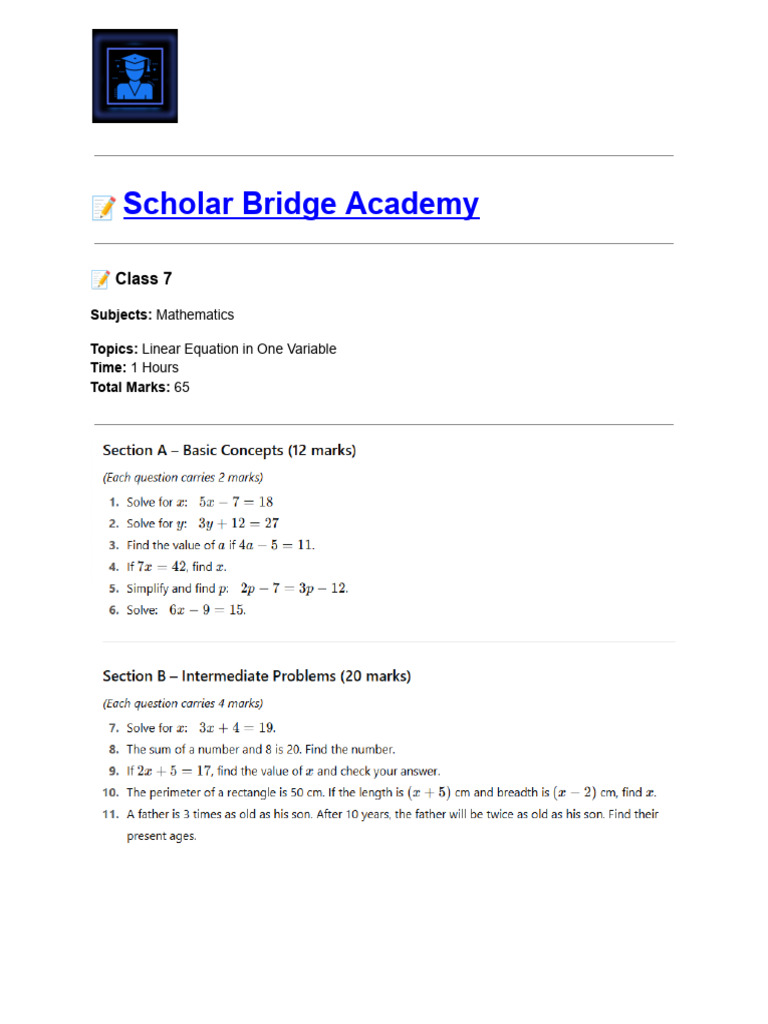 Class 7 - Linear Equation in One Variable | PDF