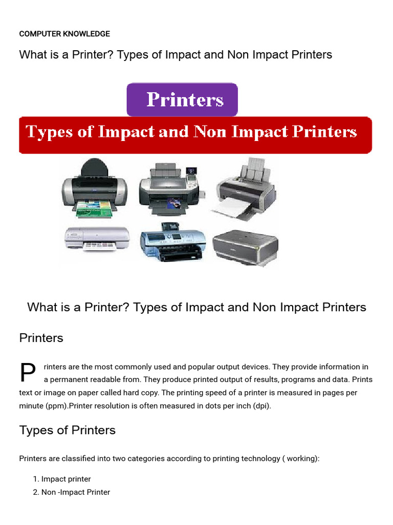 Types of Impact and Non-Impact Printers | PDF | Printer (Computing ...