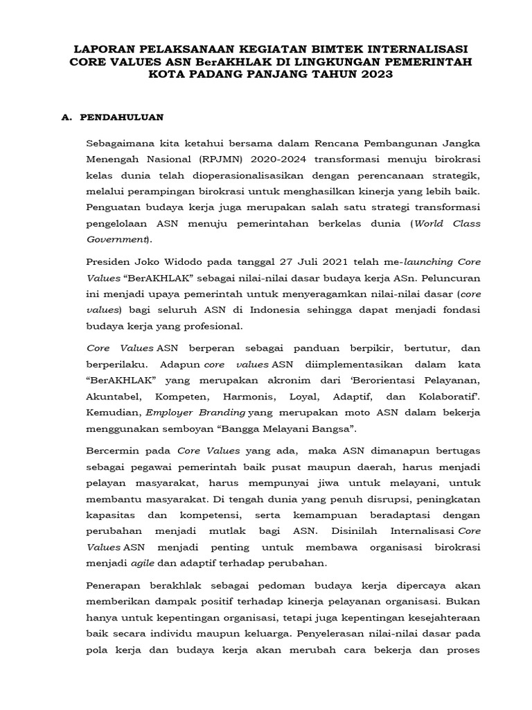 Laporan Penyelenggaraan Bimtek Core Values ASN BerAKHLAK | PDF