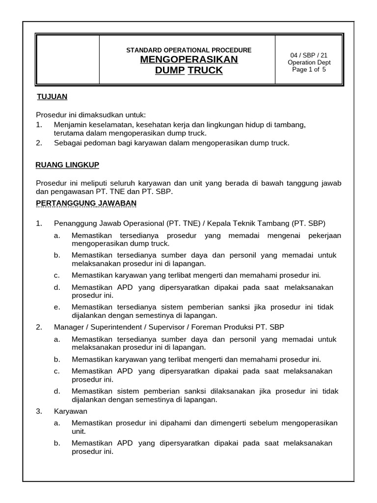 Sop 04 SBP Mengoperasikan Dump Truck | PDF