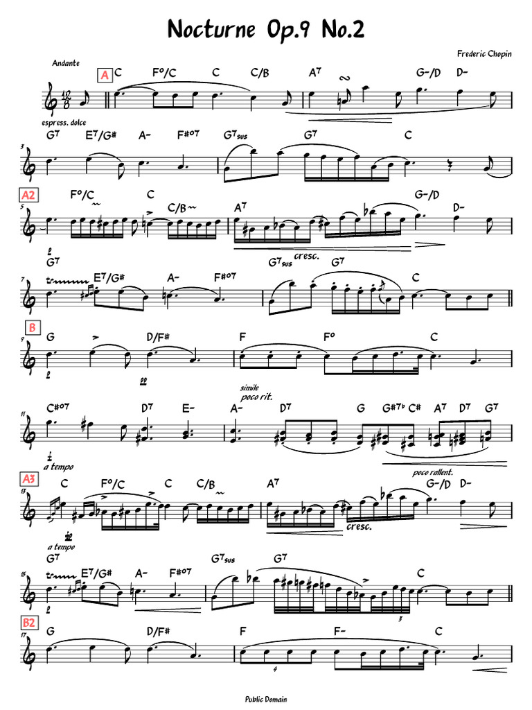 F. Chopin - Nocture in Eb Major Op. 9 No. 2 (Lead Sheet) | PDF ...