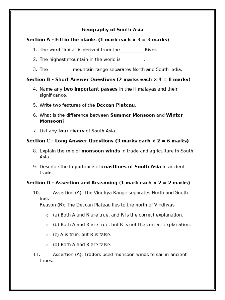 South Asia Geography Quiz and Insights | PDF