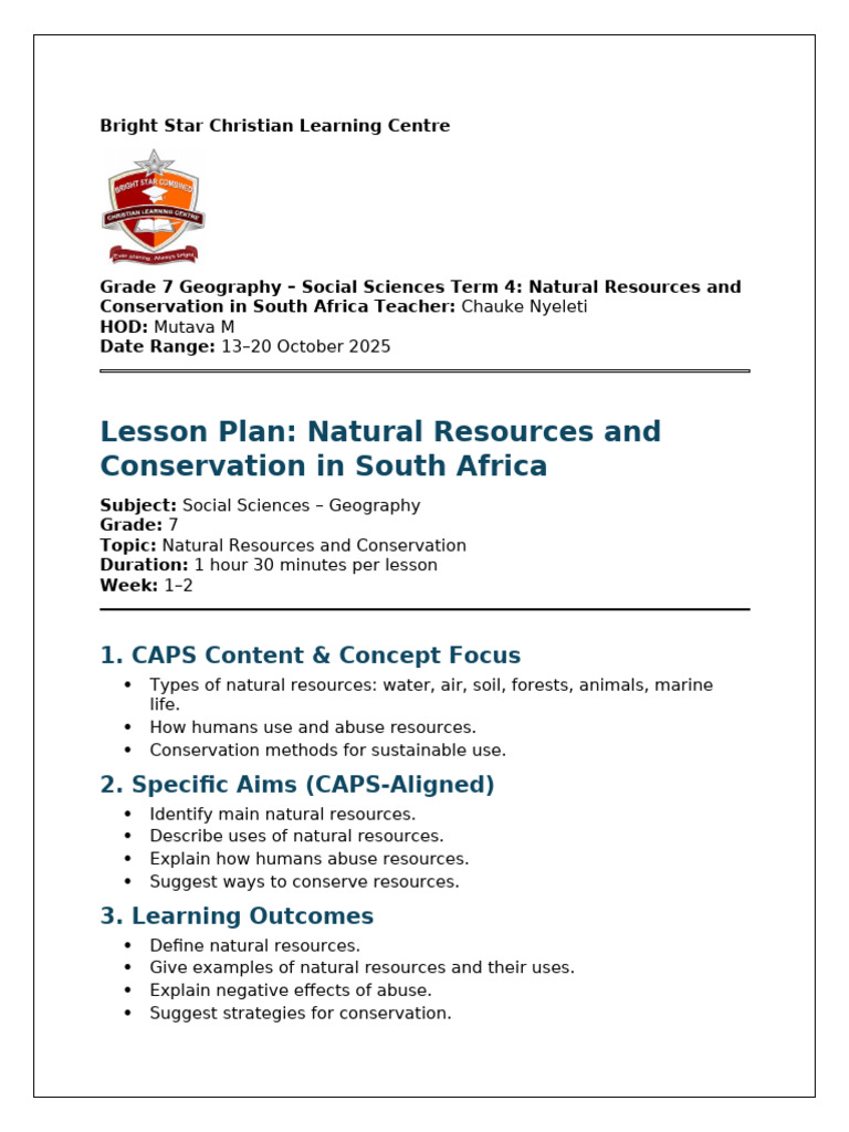 Grade 7 Natural Resources Lesson Plan | PDF | Renewable Resources ...