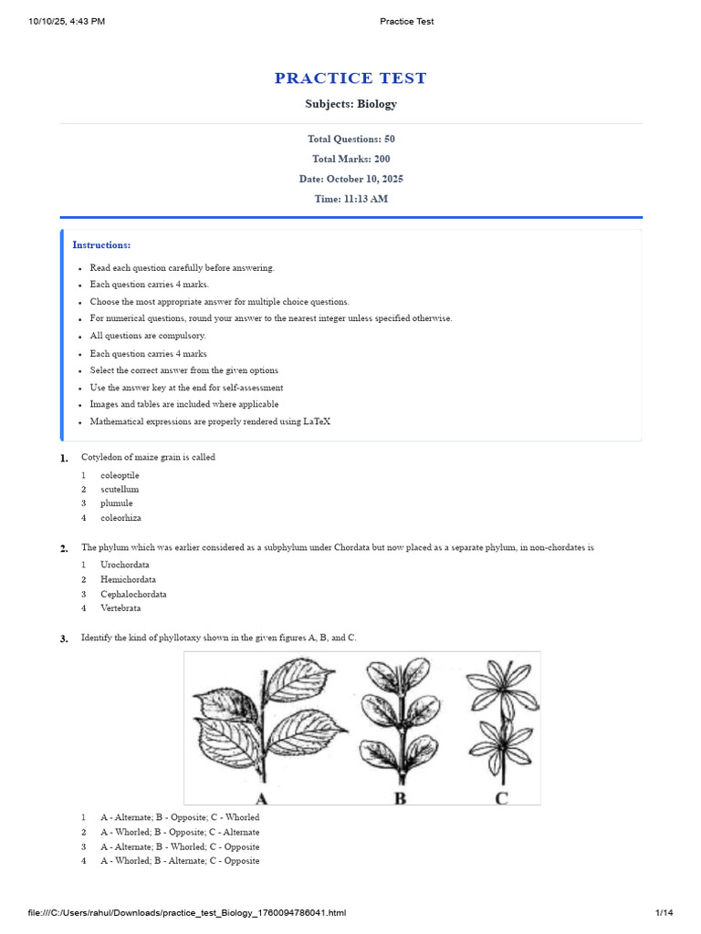06 Anatomy of Flowering Plants - Practice Test | PDF | Leaf | Branches ...