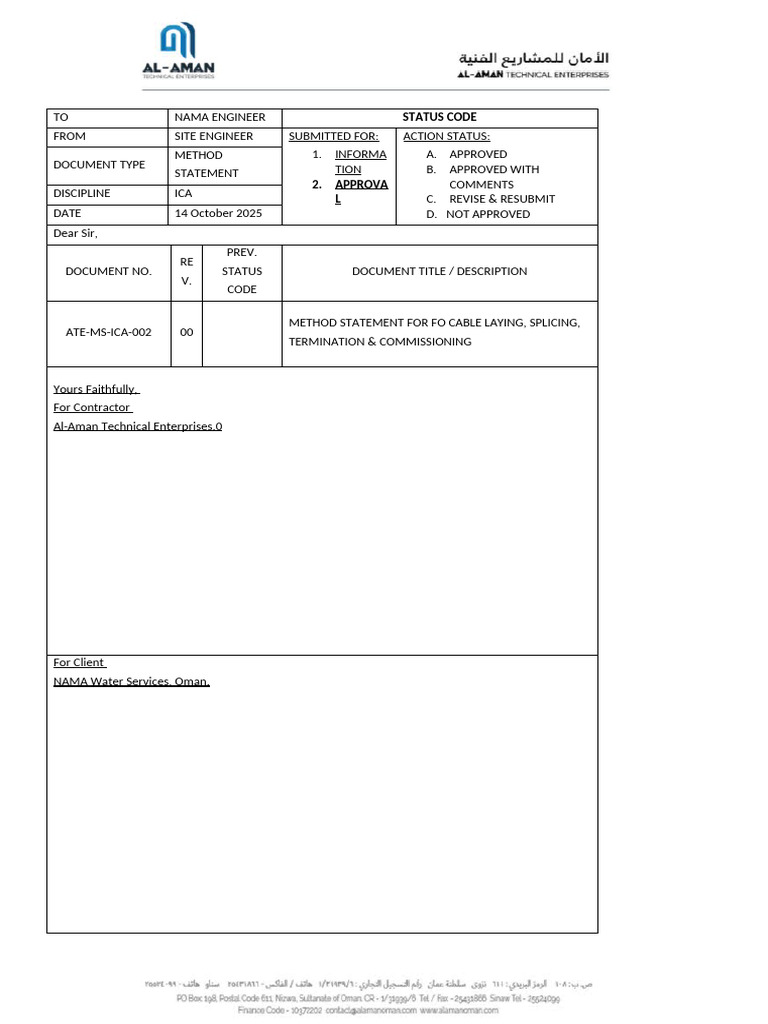 Fiber Optic Cable Installation Method Statement | PDF | Optical Fiber ...