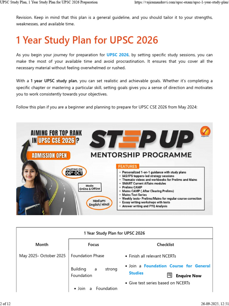 UPSC 2026: One-Year Study Plan | PDF