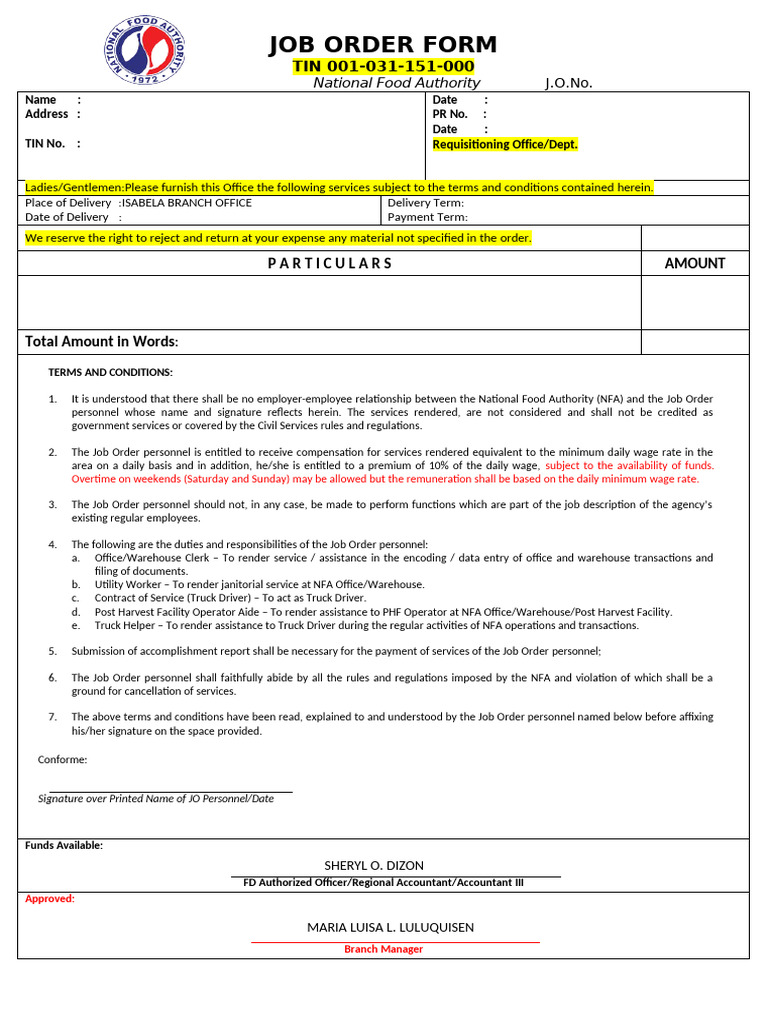 Job Order Form Template Revised Clerk UW Driver | PDF | Wage | Business Law