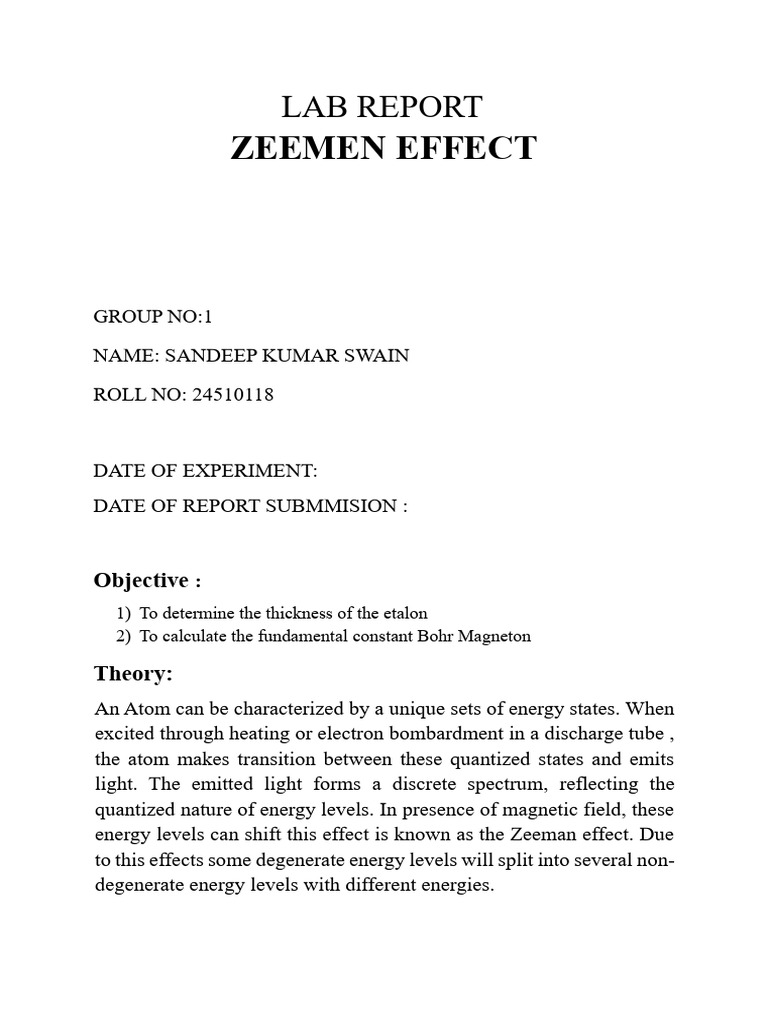 Zeeman Effect Lab Report Analysis | PDF | Energy Level | Electron
