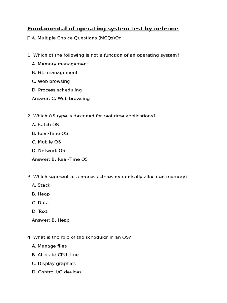 Fundamental of OS Quiz Test | PDF | Operating System | Process (Computing)