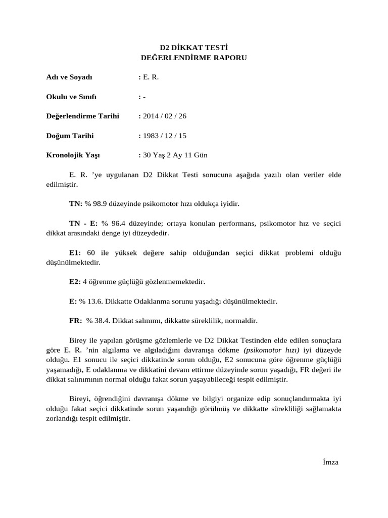 D2 Dikkat Testi Rapor Örneği | PDF