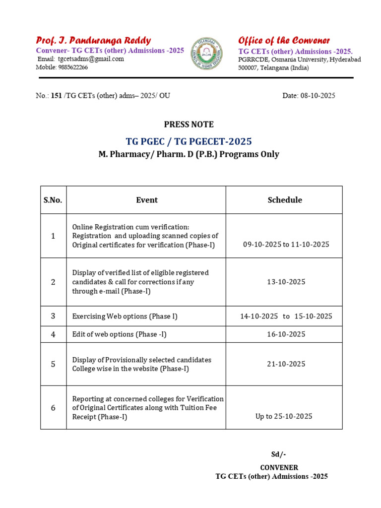 Press Note Pgecet 08-10-2025 M Pharmacy | PDF