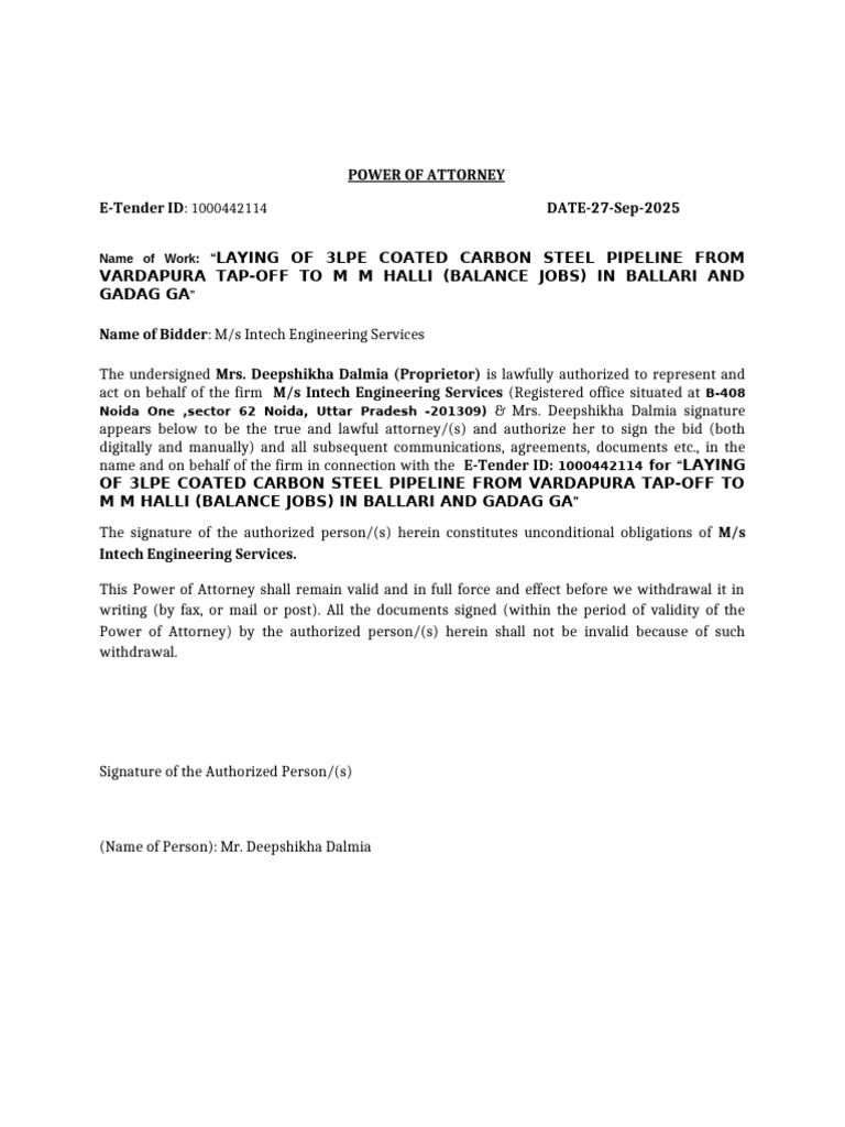 Power of Attorney E-Tender ID DATE-27-Sep-2025 | PDF