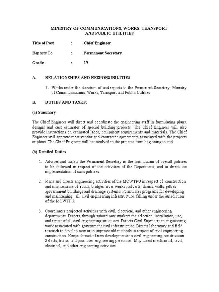 Chief Engineer (1) - Job Description | PDF | Engineer | Engineering