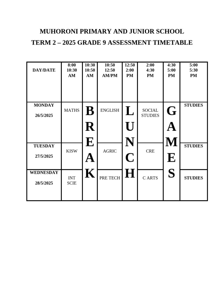 g9 Exams Timetable | PDF
