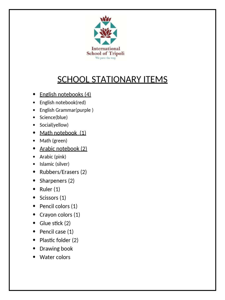 Essential School Stationery List | PDF