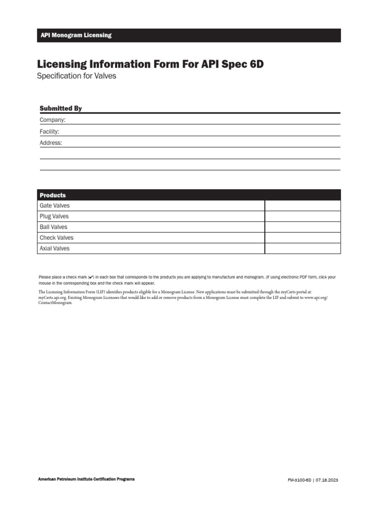API 6D Licensing Information Form 20230821 | PDF