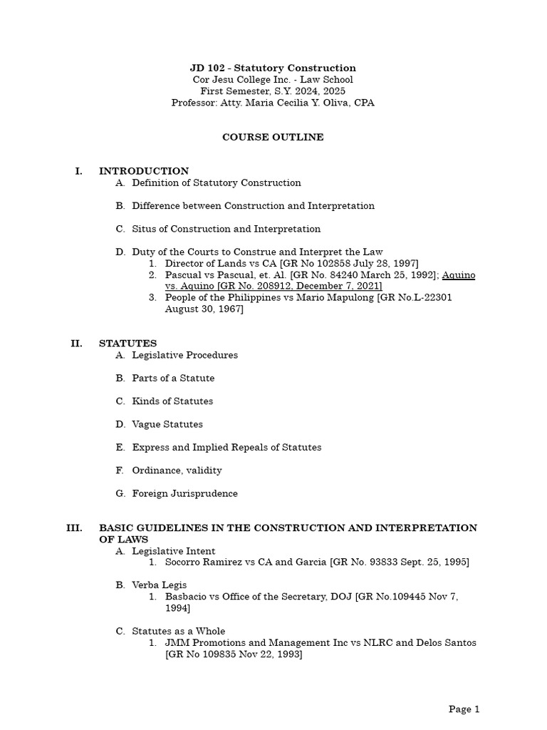 Statutory Construction Course Outline | PDF | Statutory Interpretation ...