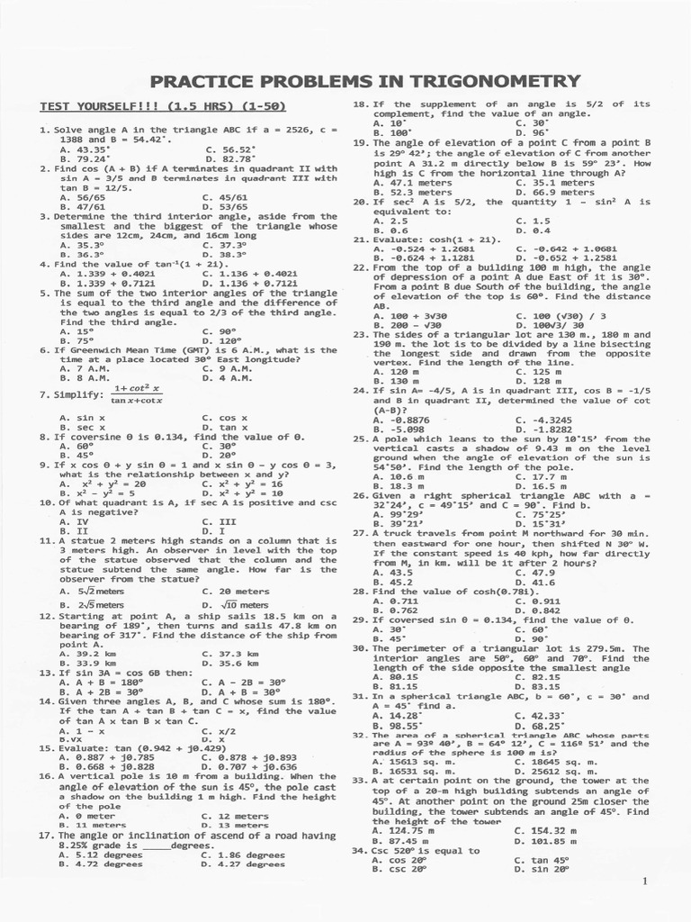 Trigonometry (Practice Problems) | PDF