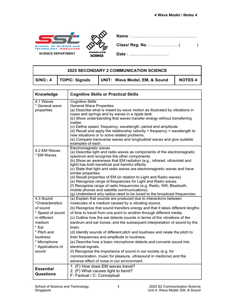 4b Waves Model, EM & Sound - NOTES | PDF | Frequency | Electromagnetic ...