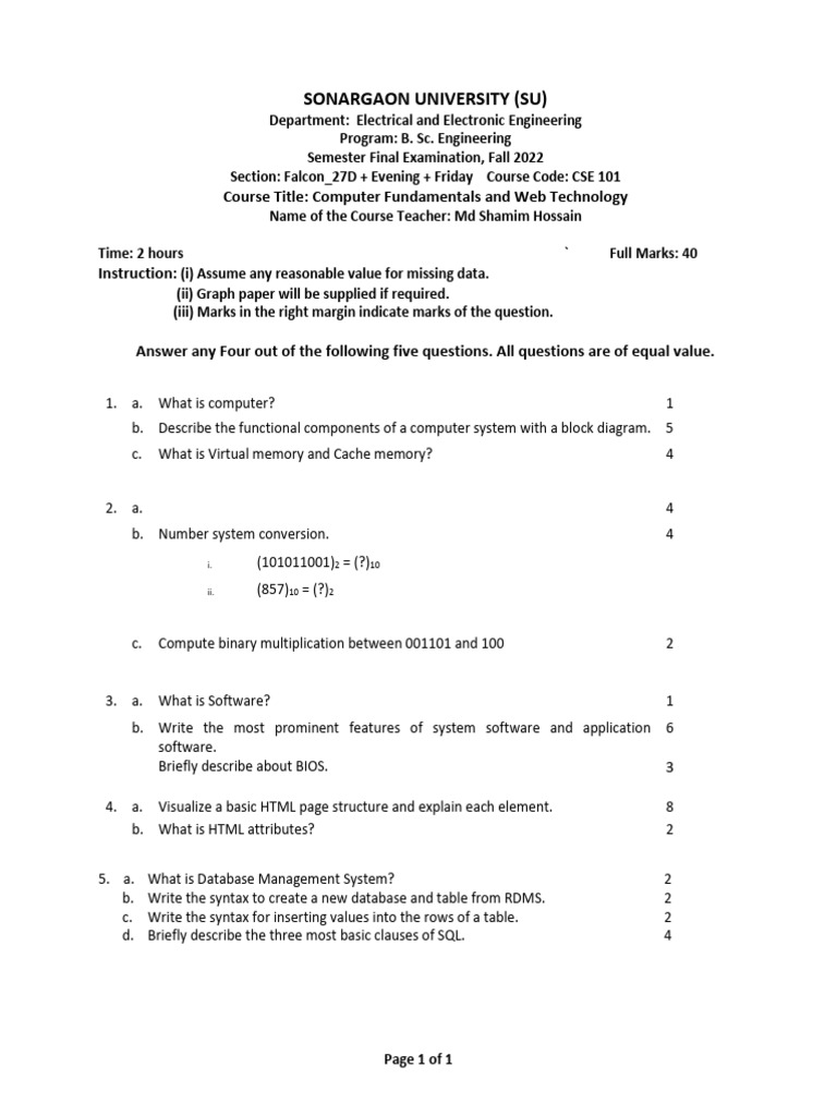27D Falcon CSE101 Computer Fundamentl MD SHAMIM HOSSAIN Final Fall 2022 ...