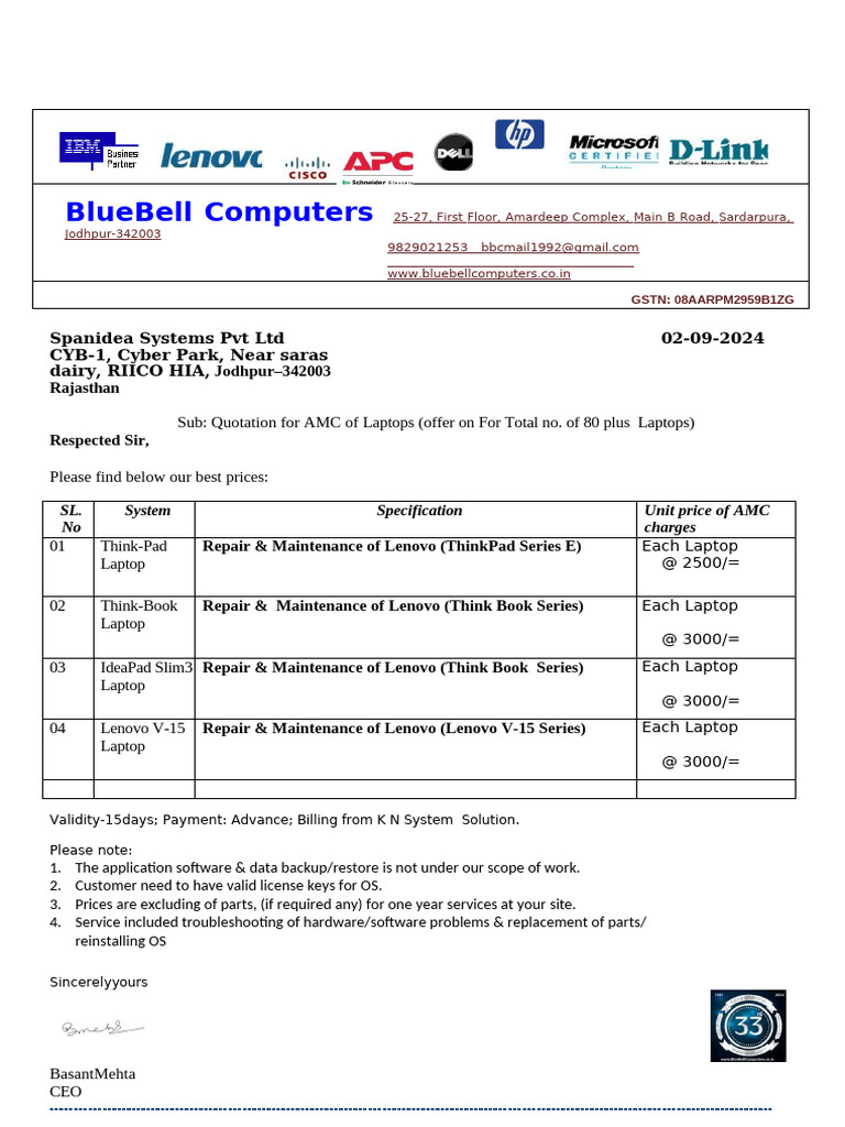 Laptop AMC Quotation from BlueBell Computers | PDF