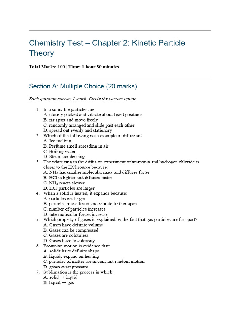 Chemistry Test - Chapter 2: Kinetic Particle Theory: Section A ...