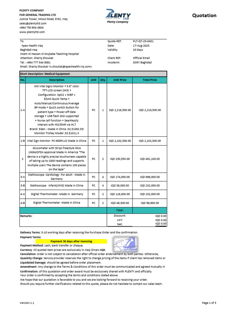 Medical Equipment Quotation for Apex Health | PDF | Payments