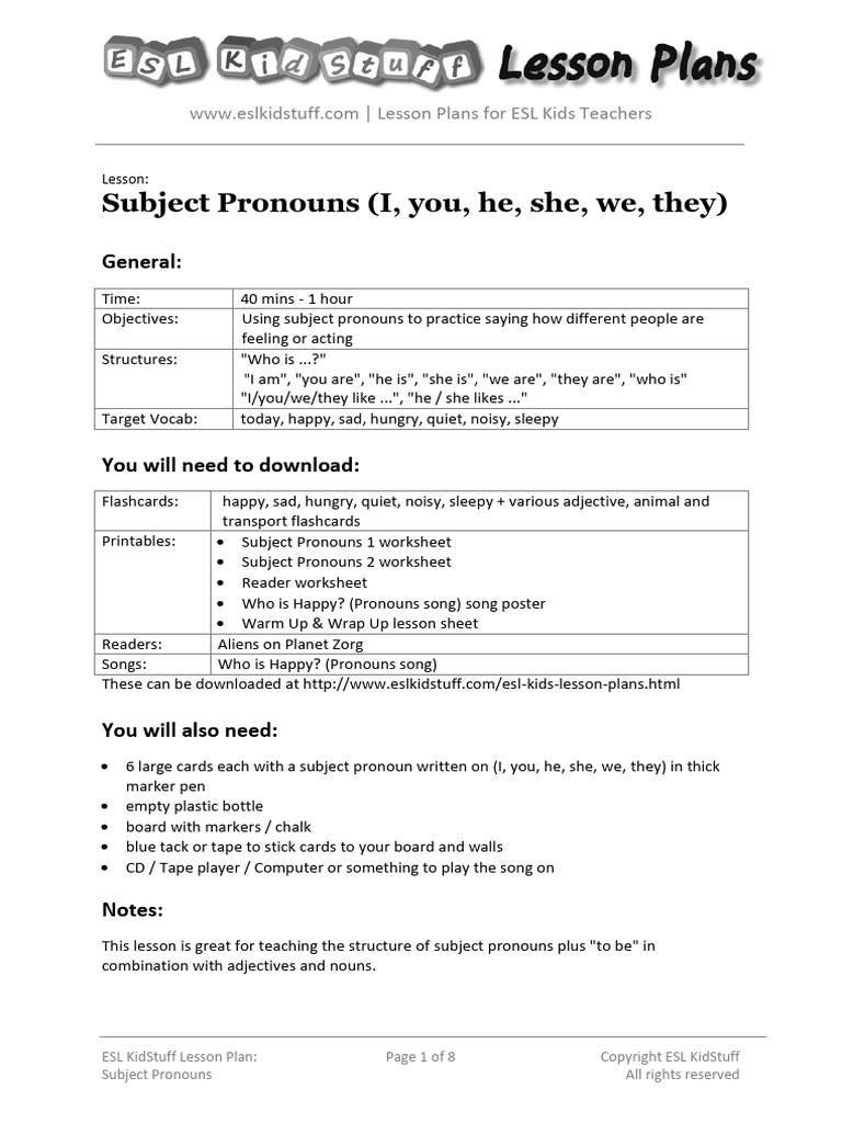 Subject Pronouns Lesson Plan GB | PDF