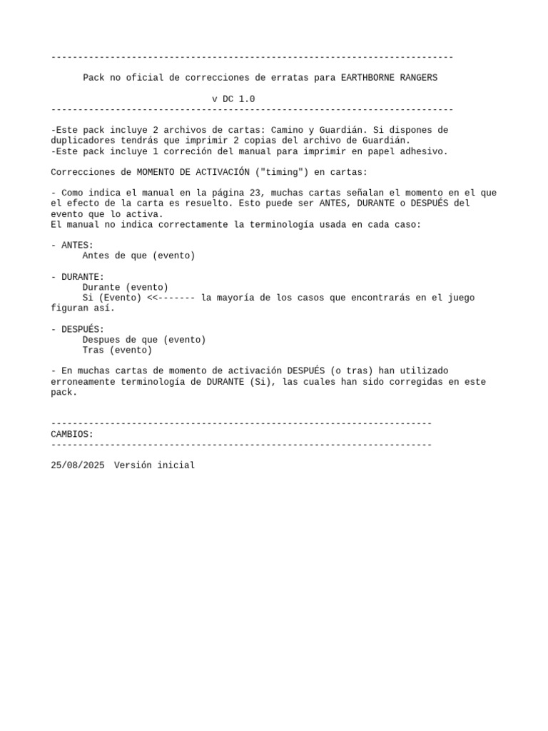 Erratas de Earthborne Rangers v DC 1.0 | PDF